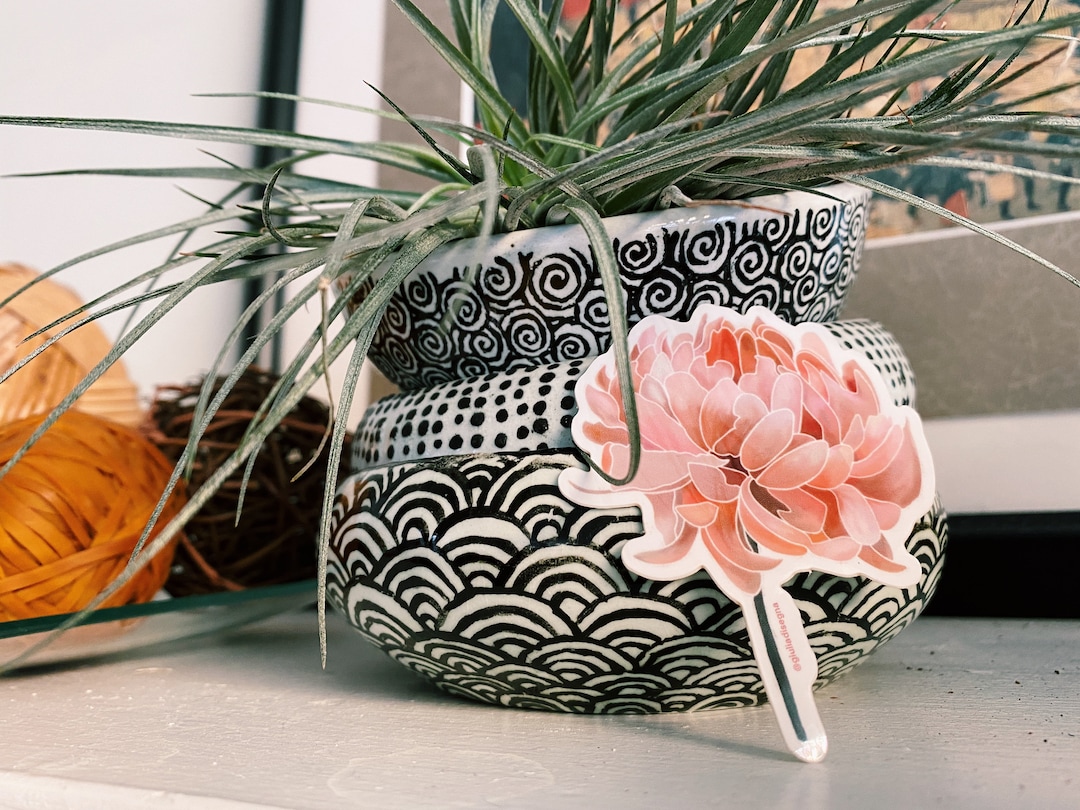 Glossy Pink Peony Design White Outline Waterproof Sticker, VSCO Girl ...
