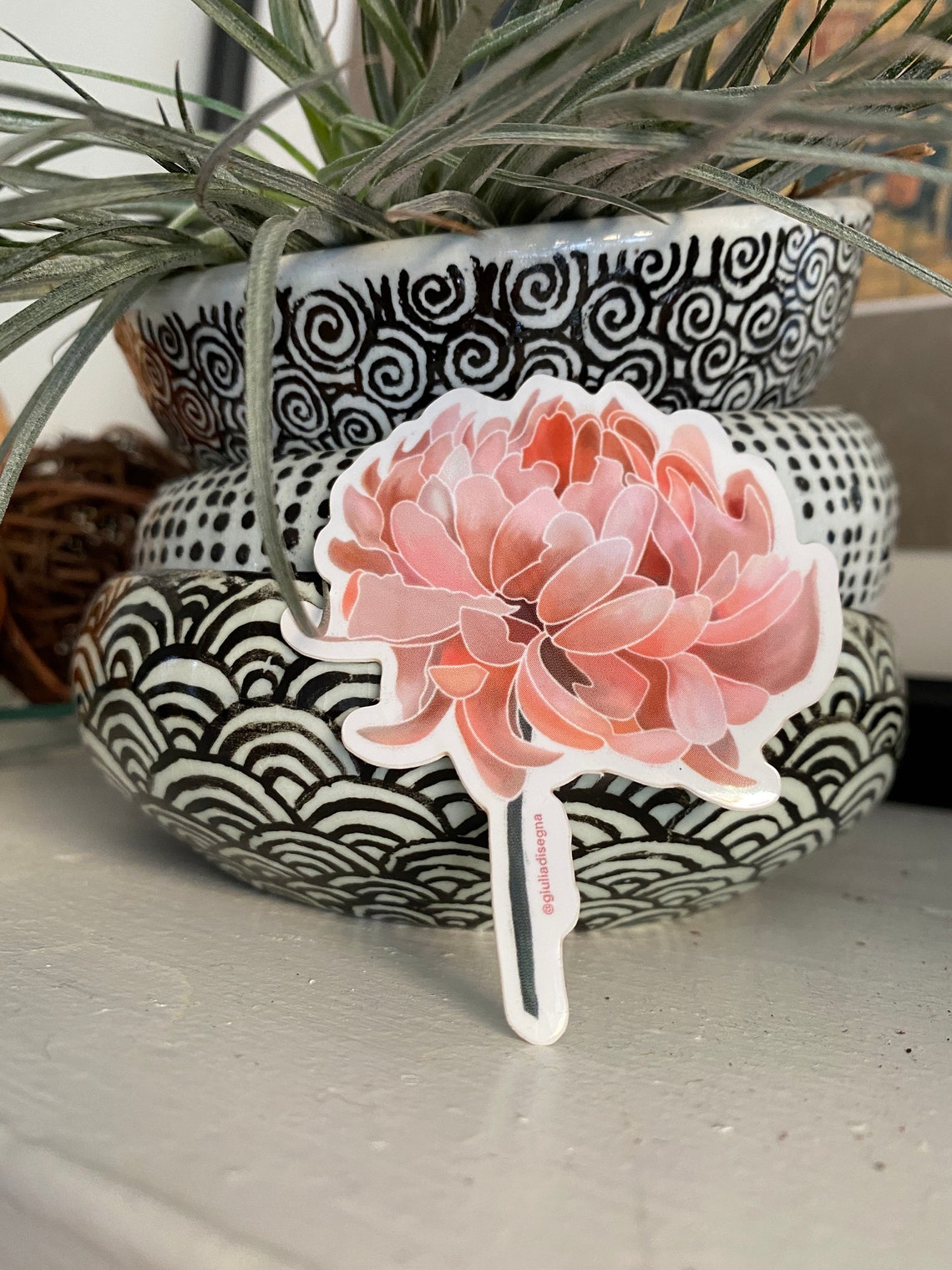 Glossy Pink Peony Design White Outline Waterproof Sticker, VSCO Girl ...
