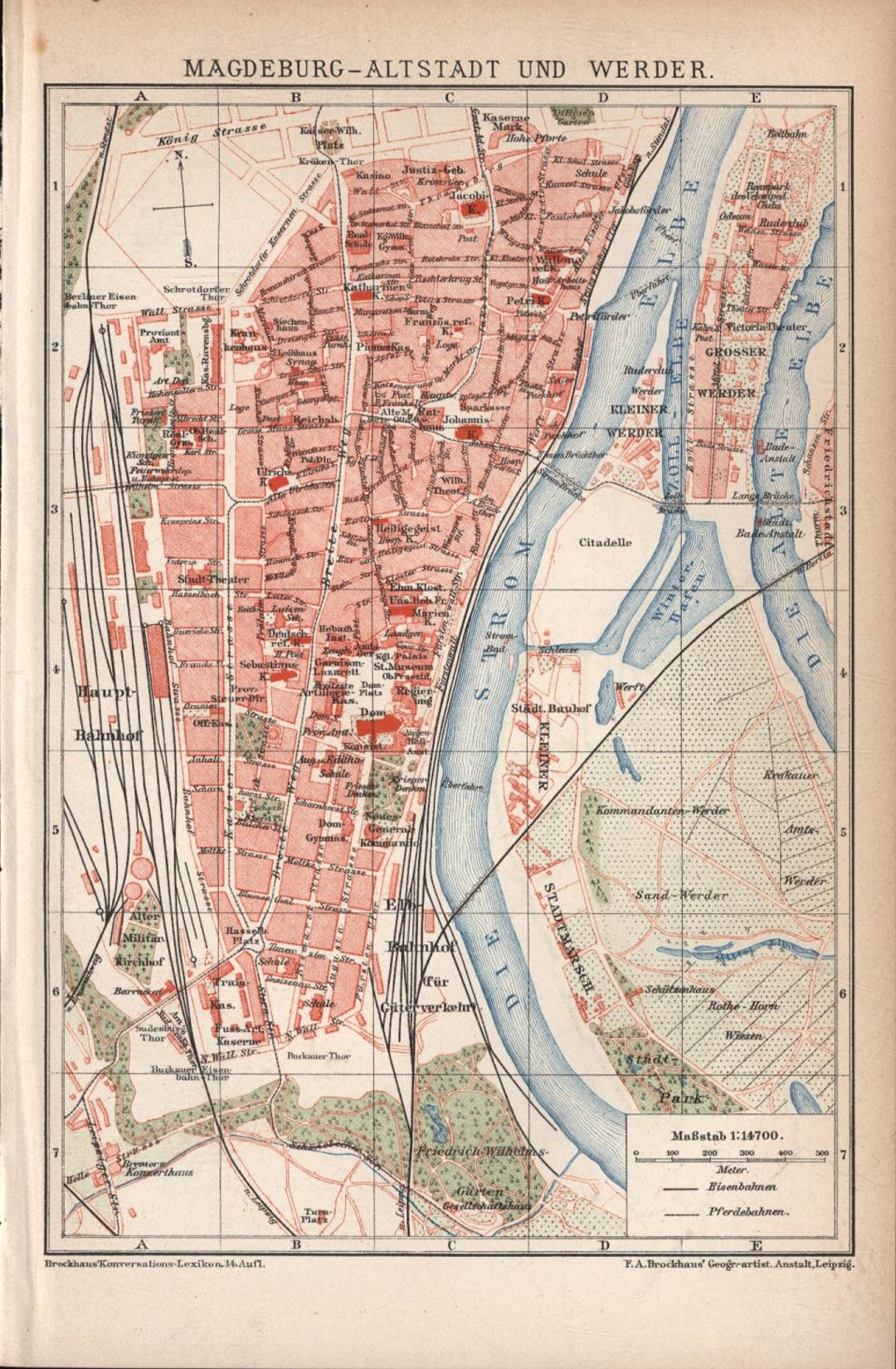 Magdeburg Old Town and Werder. City Map. Scale 1:14,700. Circa 1895 ...