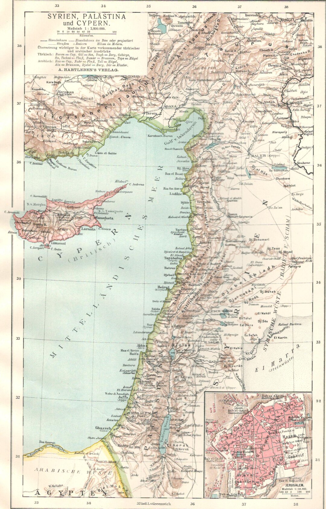 Map of Syria, Palestine, and Cyprus, With Inset Map of Jerusalem (as of ...