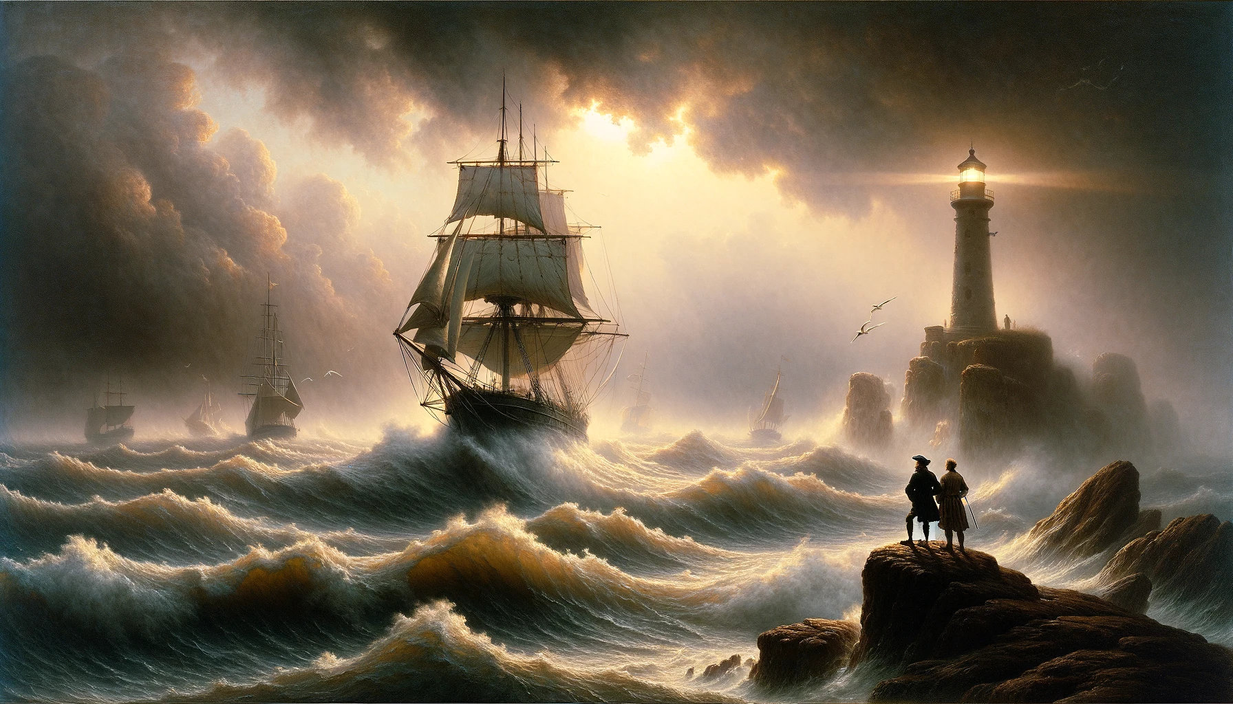 Sailing Ship in the Storm and Night at the Lighthouse, Original ...