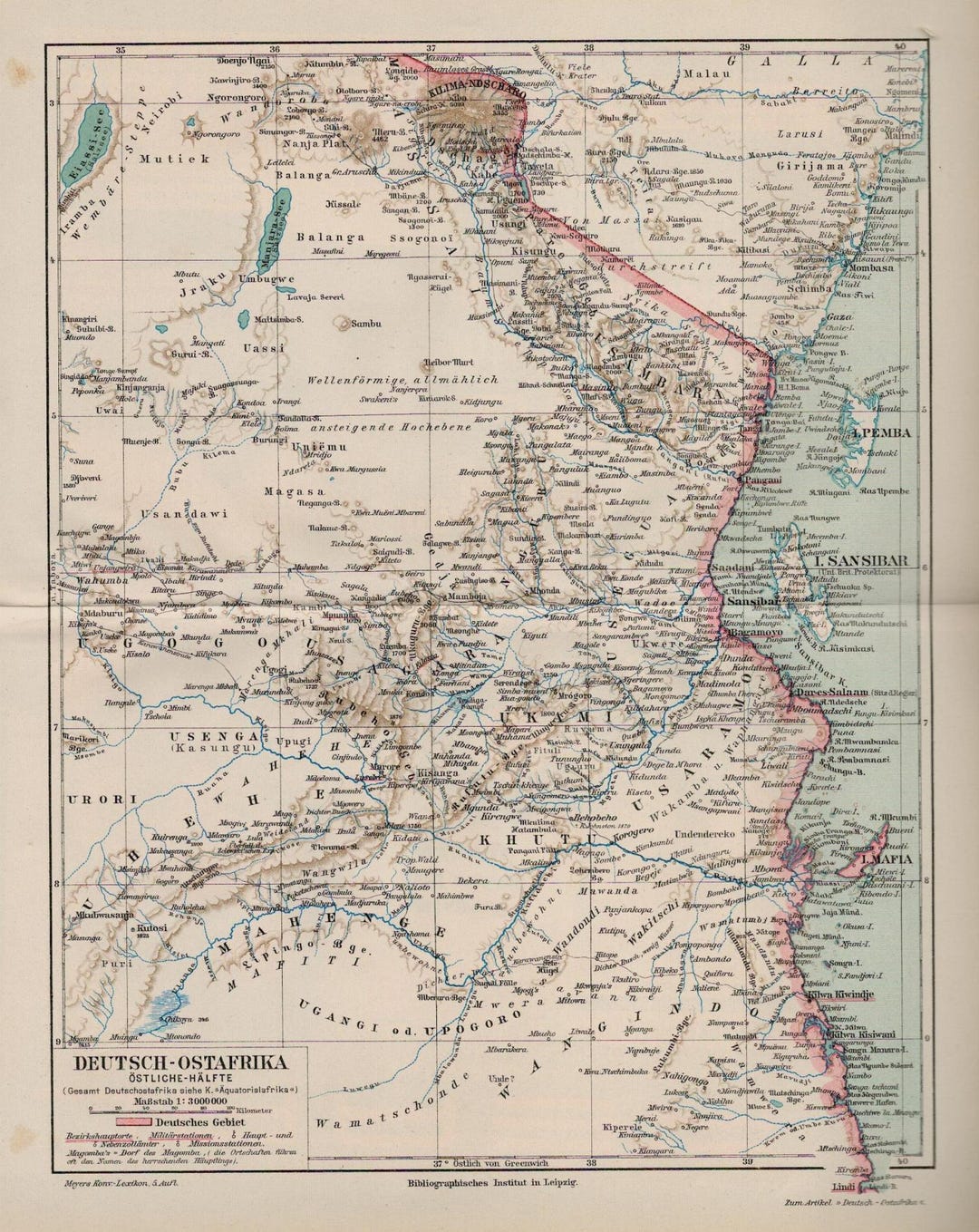 Map of German East Africa, 1890, Eastern Half. Scale 1:3,000,000 ...
