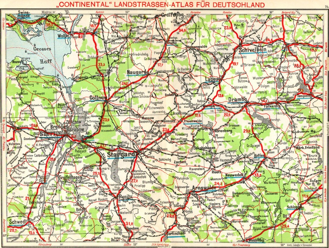 Stettin. 1929, Continental Road Atlas for Germany, Scale 1:500,000 ...