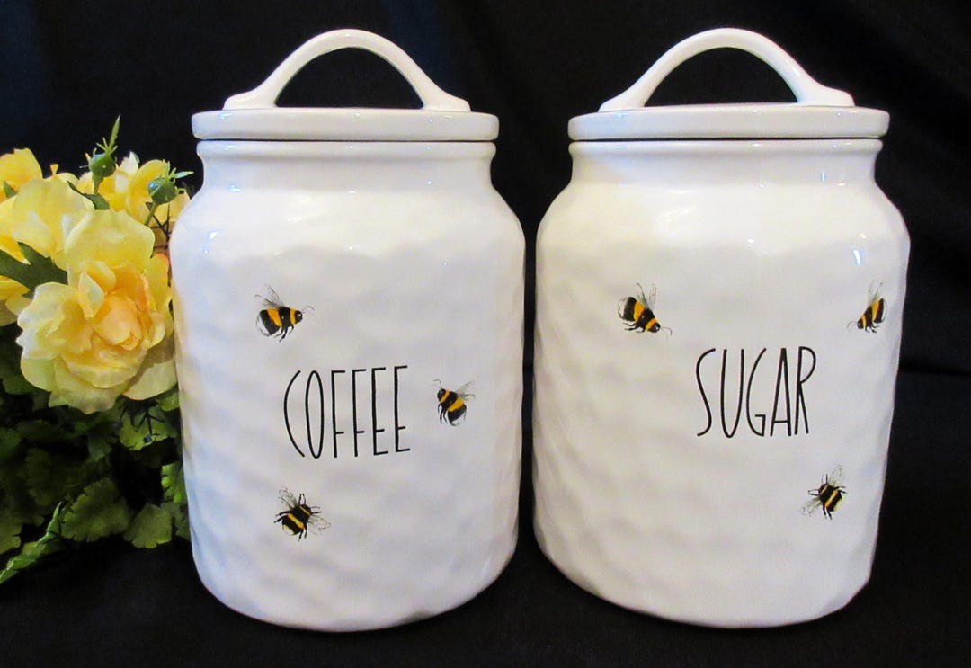 BEE CANISTERS, 2 , CERAMIC, 8", Made in England, White, Bumble Bees ...
