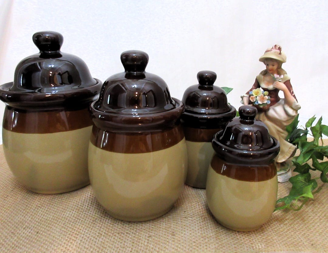 VINTAGE BROWN CANISTERS, 1970'S, Ceramic Pottery, 10", 3 Tone Brown/tan ...