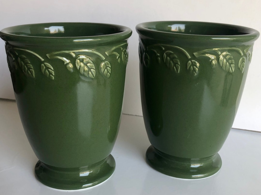 LONGABERGER FLOWER VASES, (2) Garden Set, 5" Sage Green, Leaf Detail ...
