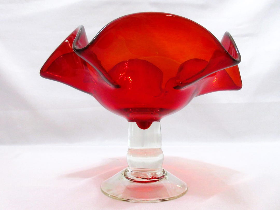 Vintage Red Art Glass Compote Bowl, Ruffled, Thick Clear Stem, 11". - Etsy