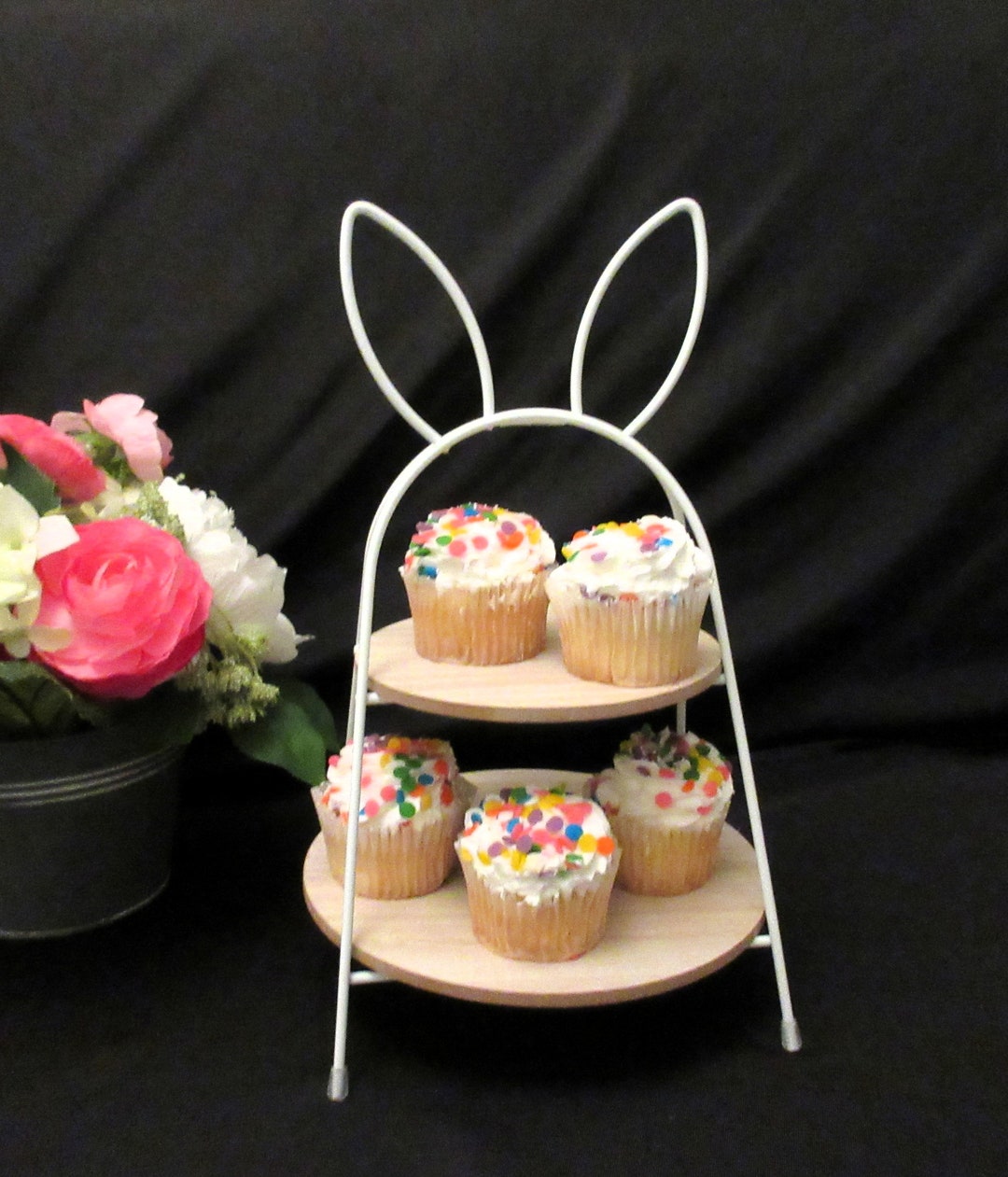 BUNNY CUPCAKE STAND, 13 1/2, Adorable, White Wire Frame, Wood Platforms ...