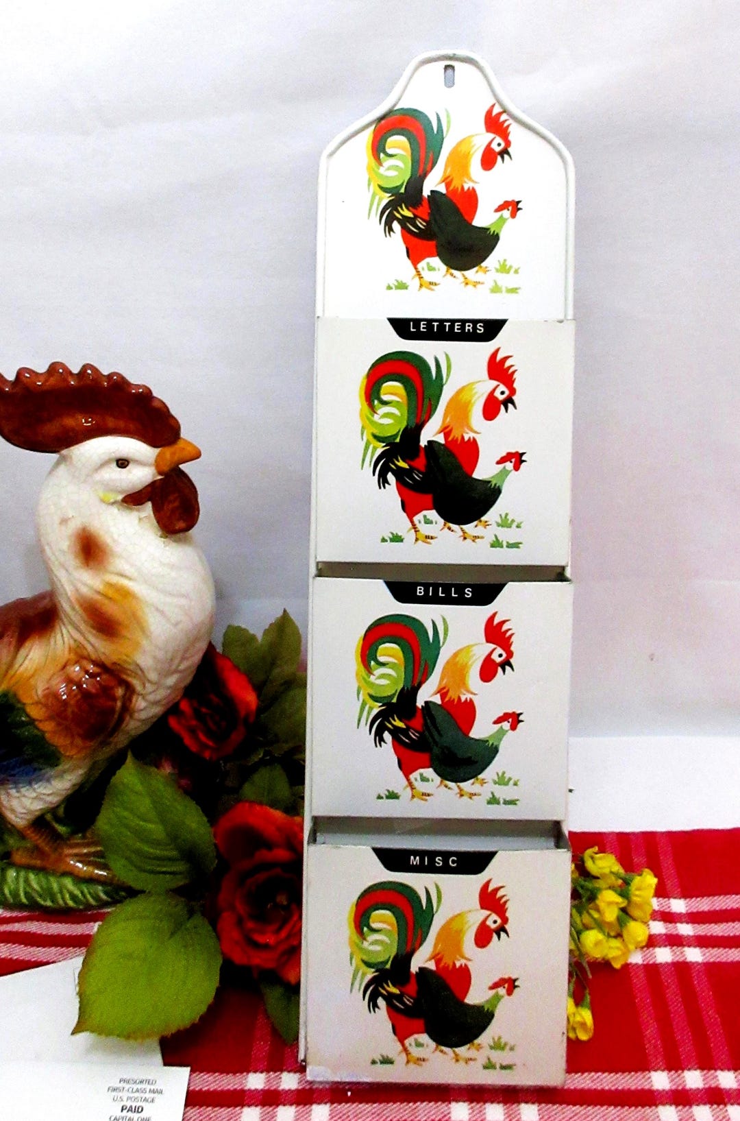 Vintage Rooster/hen Tin Letter Holder, 19.25", Folk Art, 3 Slot, 1970's ...