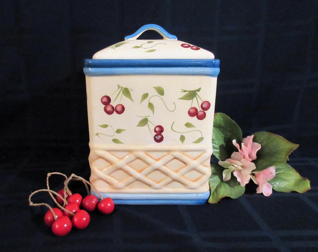 Hand Painted Cherry Canister: Embossed Lattice Farmhouse Kitchen ...