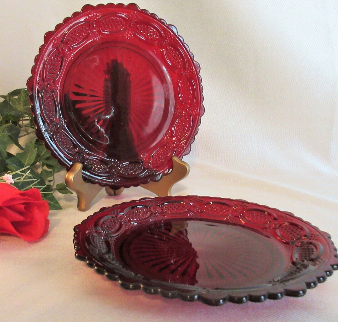 RED GLASS PLATES, (2) Rich Ruby Color, 7 1/2", Scalloped Edge, Diamond ...