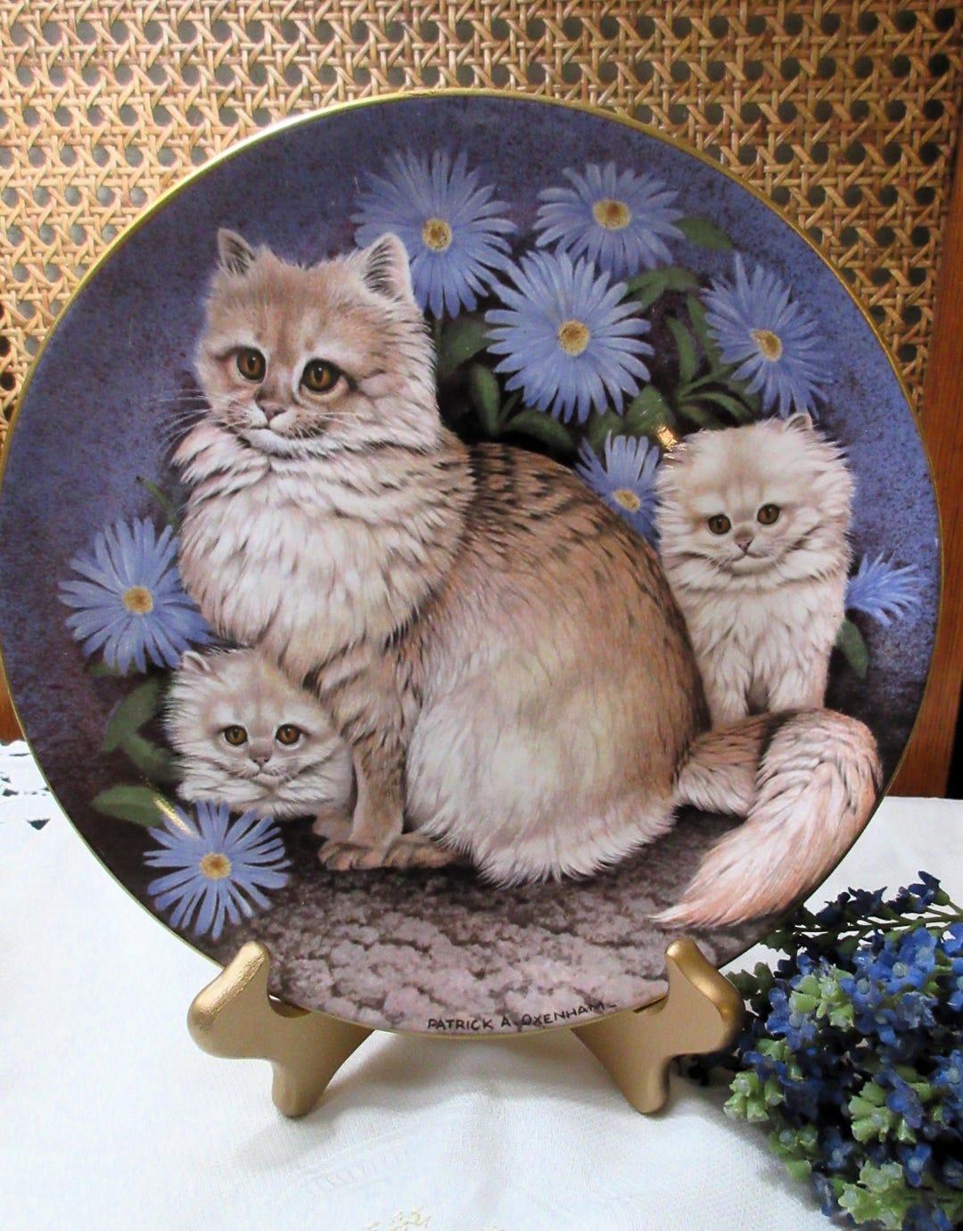 PRETTY CAT & KITTEN Plate, Royal Stafford, England, 1980's, "long ...