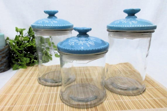CANISTER SET 3 Temp tations Clear Turquoise Lid Lace Floral Pattern Storage Kitchen Counter Pantry Dry Goods Snacks Cheerful. Etsy