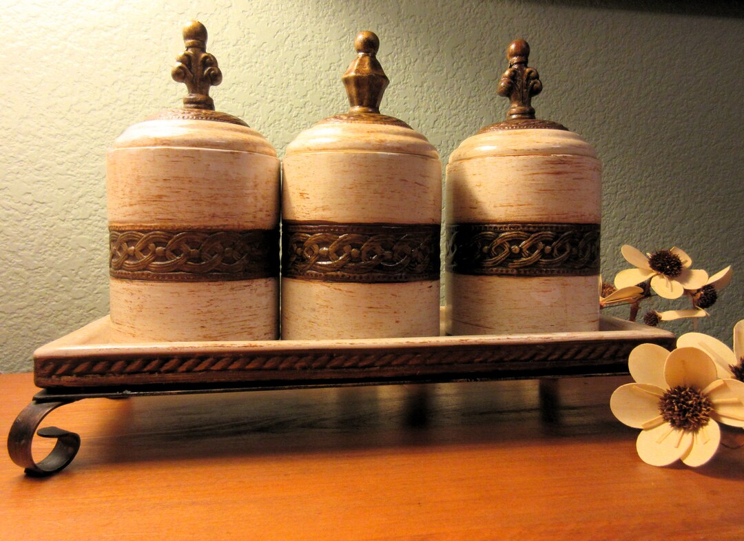 3 RUSTIC CANISTERS, 7 Pc , Wrought Iron Tray, 8, Ceramic, Tuscan Style ...