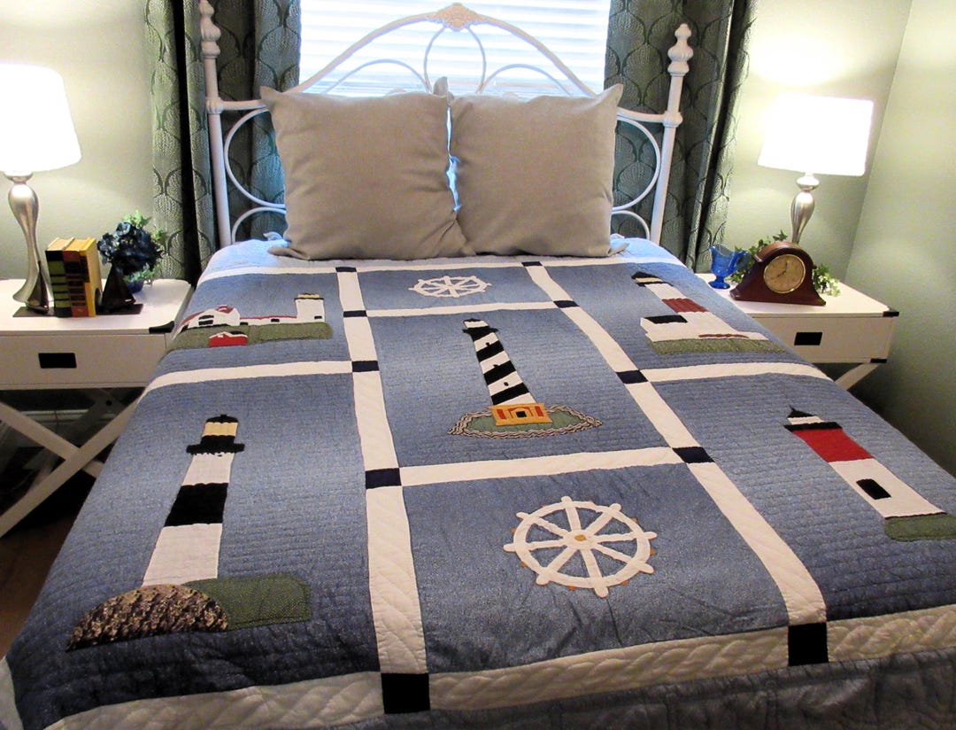 LOVELY LIGHTHOUSE BEDSPREAD, 84", Handmade, Nautical, Blue, White ...