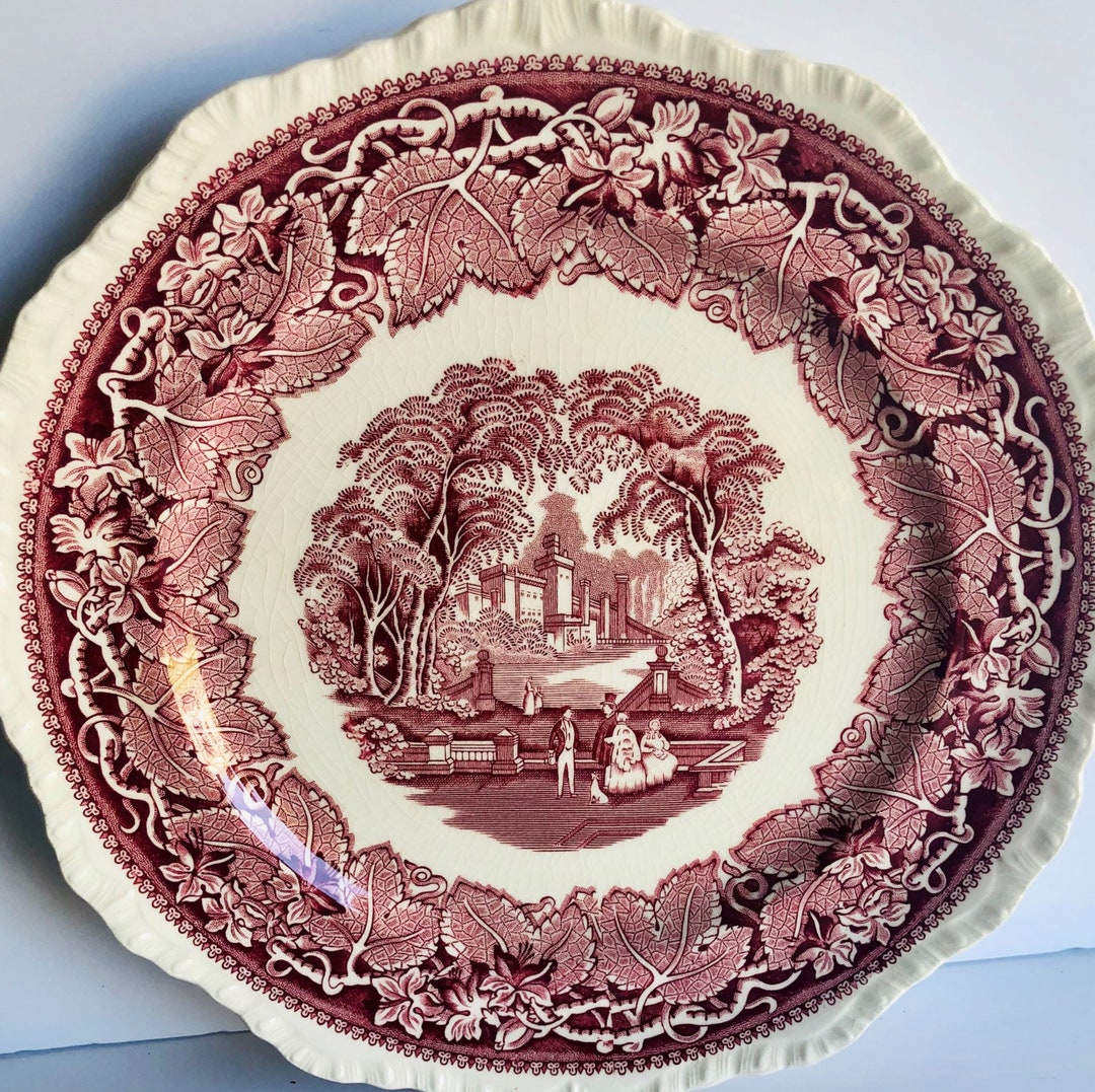 PLATE, RED/WHITE, 10 1/2", Mason's Ironstone, England "pink Mulberry ...