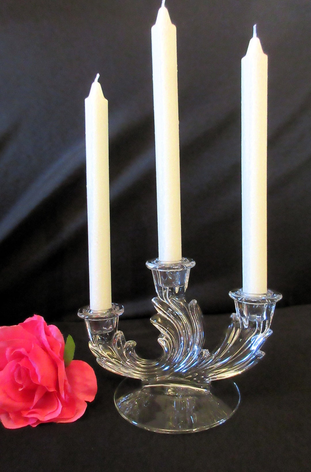 GORGEOUS GLASS CANDELABRA , 6", High Quality, 3 Cups, Wave Patten ...