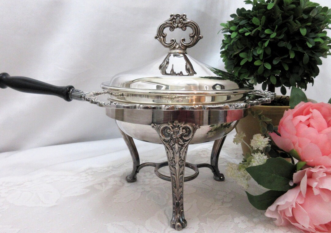 VINTAGE CHAFING DISH, 13", Elegant, 4 Pc, Handled Pan, Bowl, Elevated ...