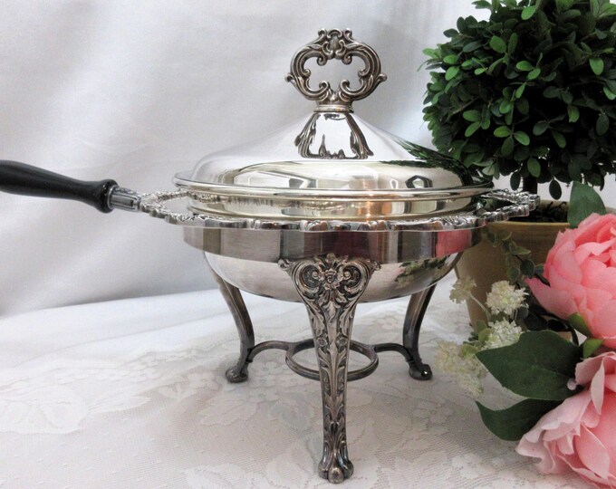 VINTAGE CHAFING DISH, 13", Elegant, 4 Pc, Handled Pan, Bowl, Elevated ...