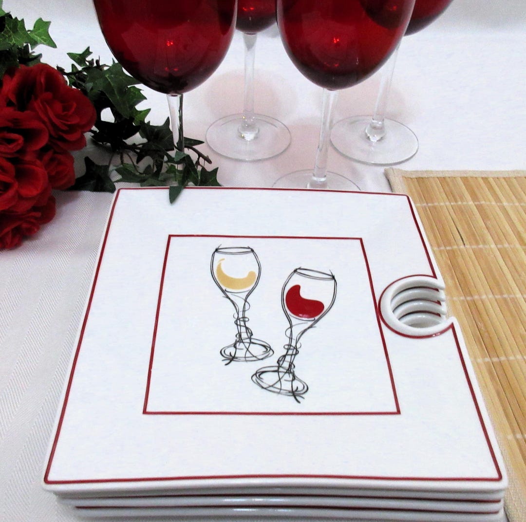 Wine Glass Plates, Set of 4: White Ceramic Party Plates, Red Accents, 8 ...
