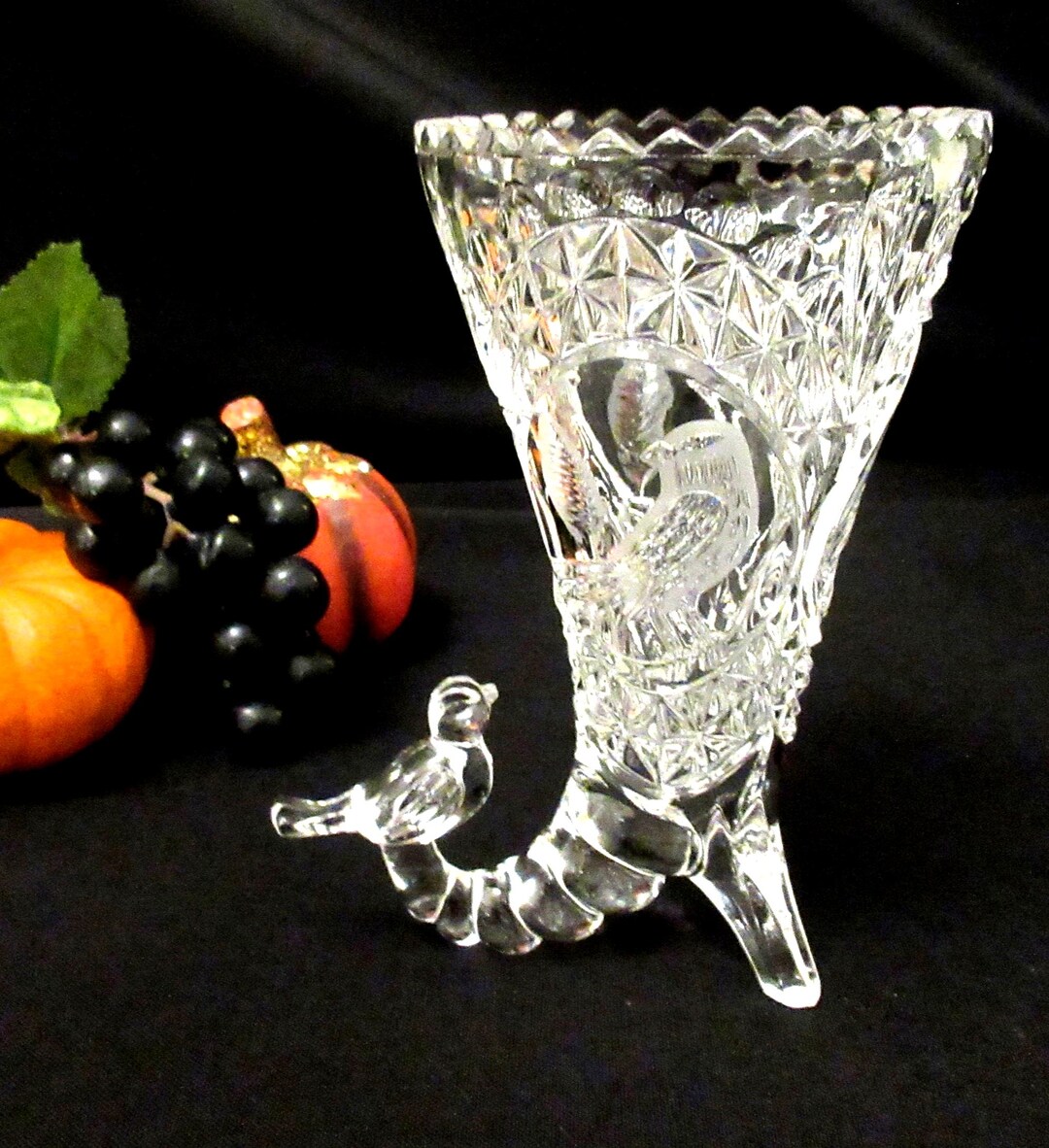 CRYSTAL CORNUCOPIA VASE, 6" , Hofbauer, Germany, "byrds", Etched Birds ...