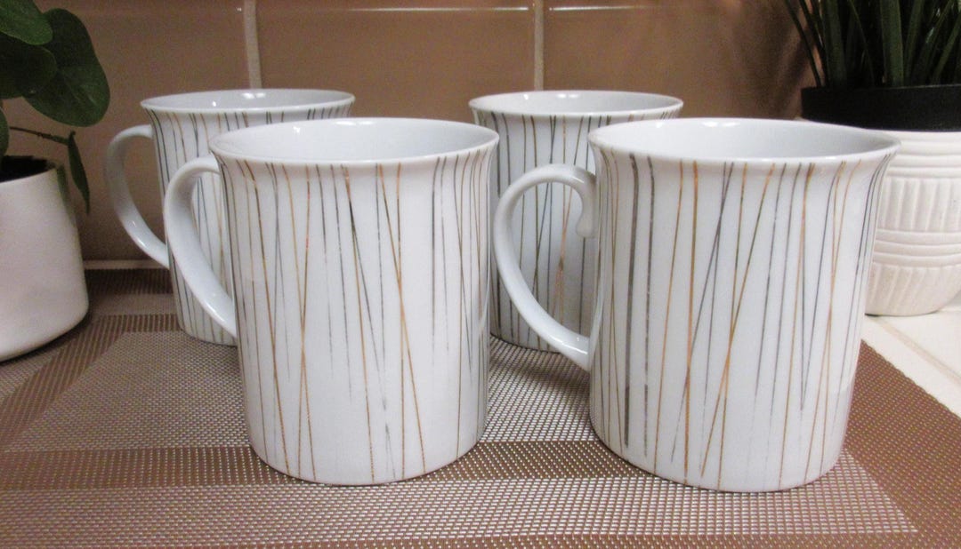 THRESHOLD White Coffee Mugs, 4", Vertical Silver/gold Lines, Set of 4 ...