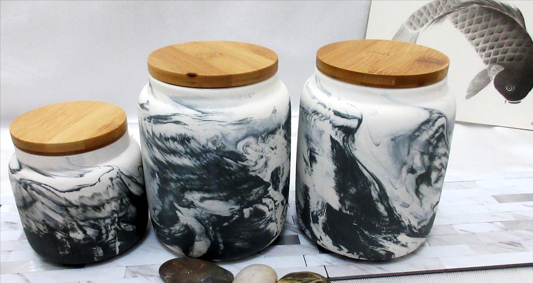 Abstract Marble Swirl Canisters: Gray & White Ceramic With Bamboo Lids ...