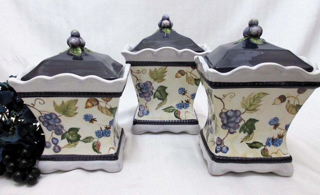 LOVELY CANISTER SET, 6 Pc Grape/berry Motif, Elegant, 9", Dark Purple ...