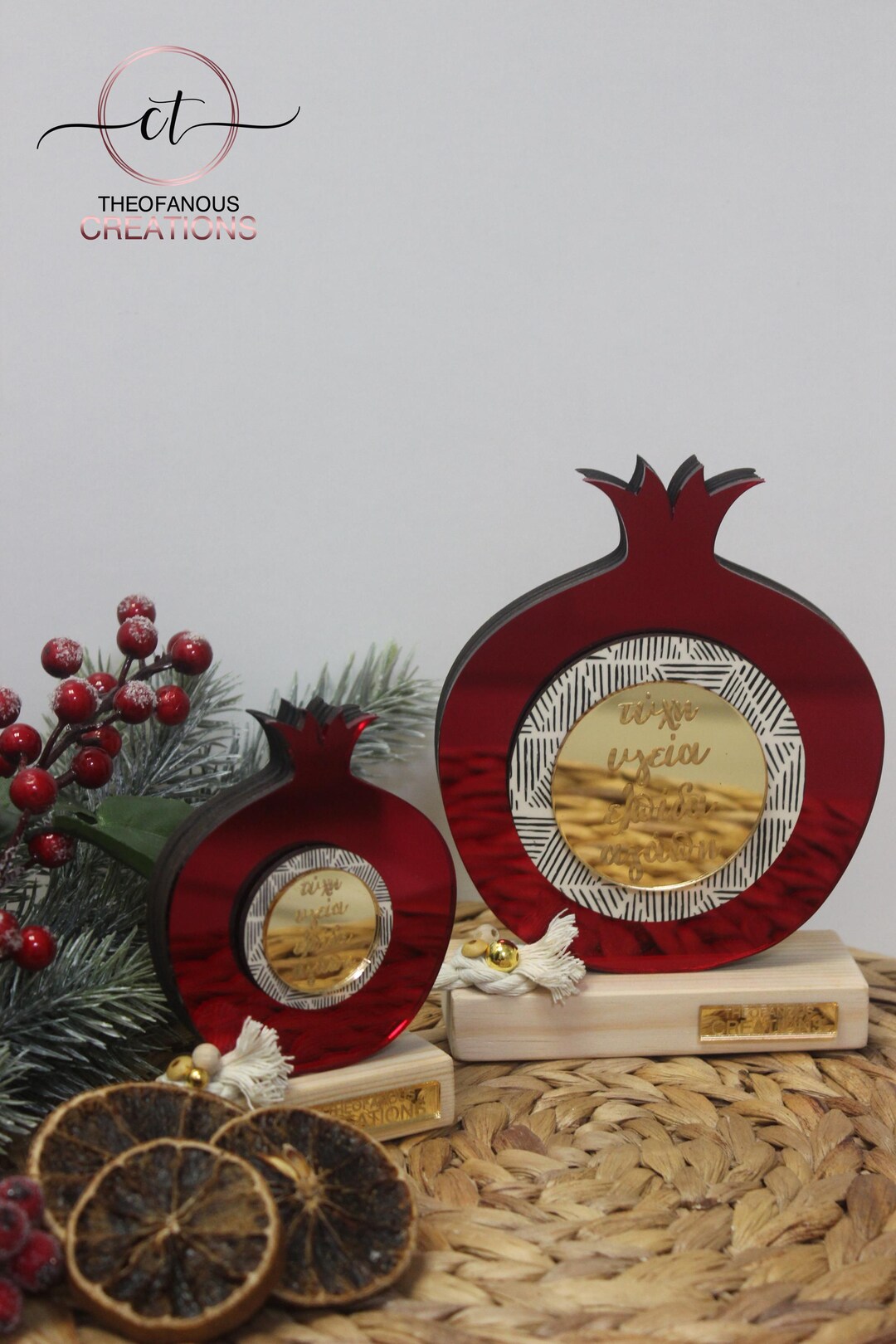 Handmade Pomegranate Decor Set Wooden Base Acrylic Mirror Good Luck ...