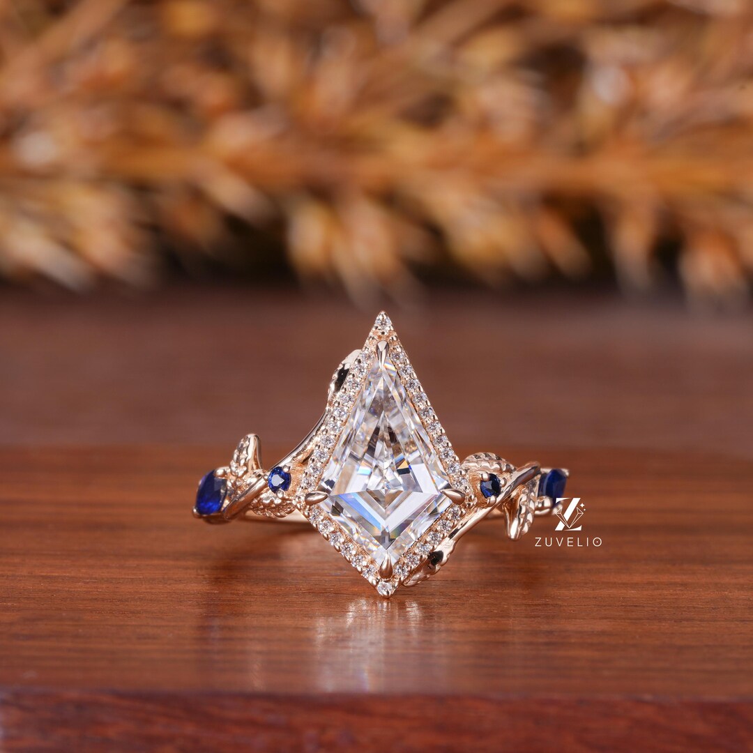 Kite Cut Moissanite Engagement Ring: Yellow Gold Leaf Halo, Blue ...