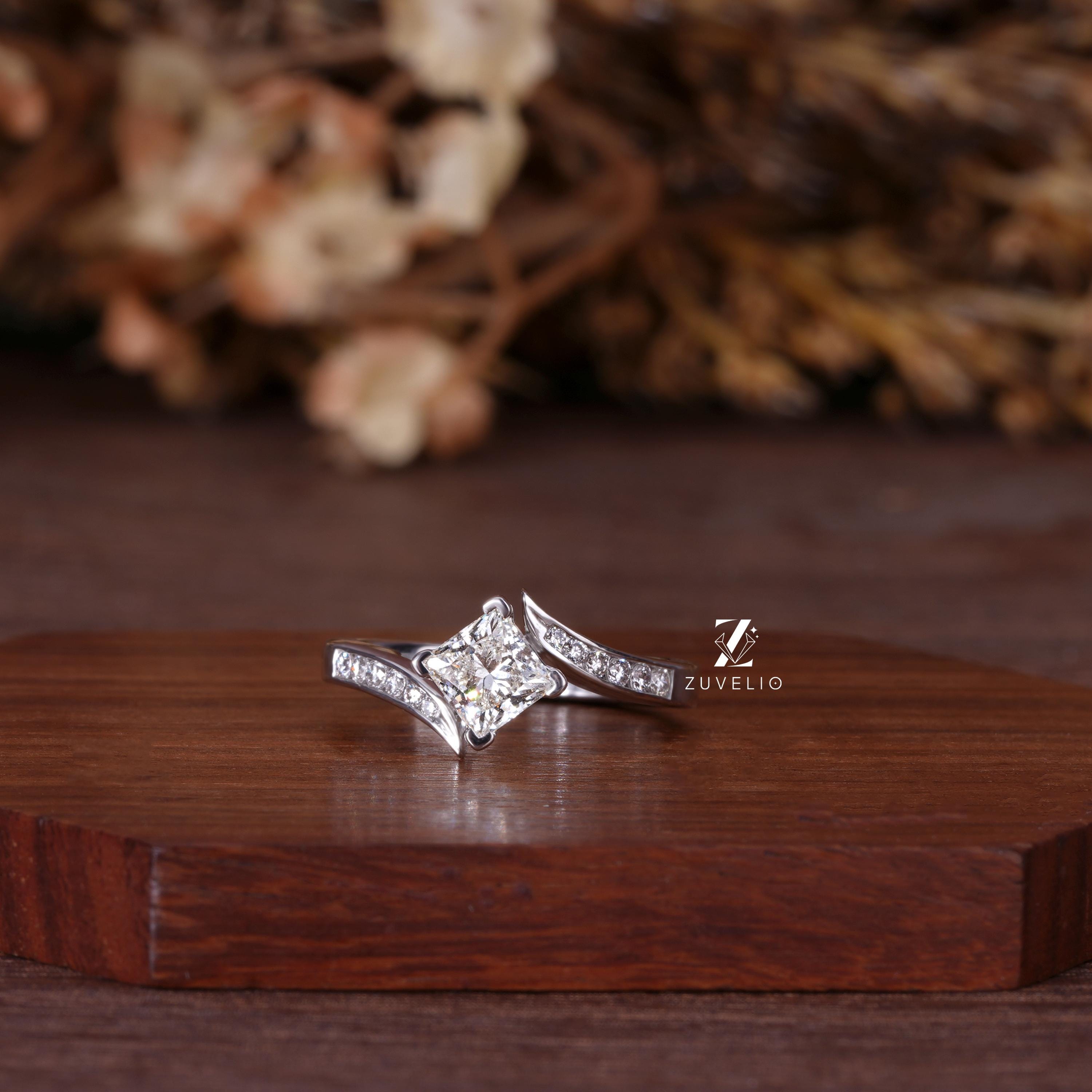 Princess Cut Lab Diamond Engagement Ring With Compass Prong -bypass ...