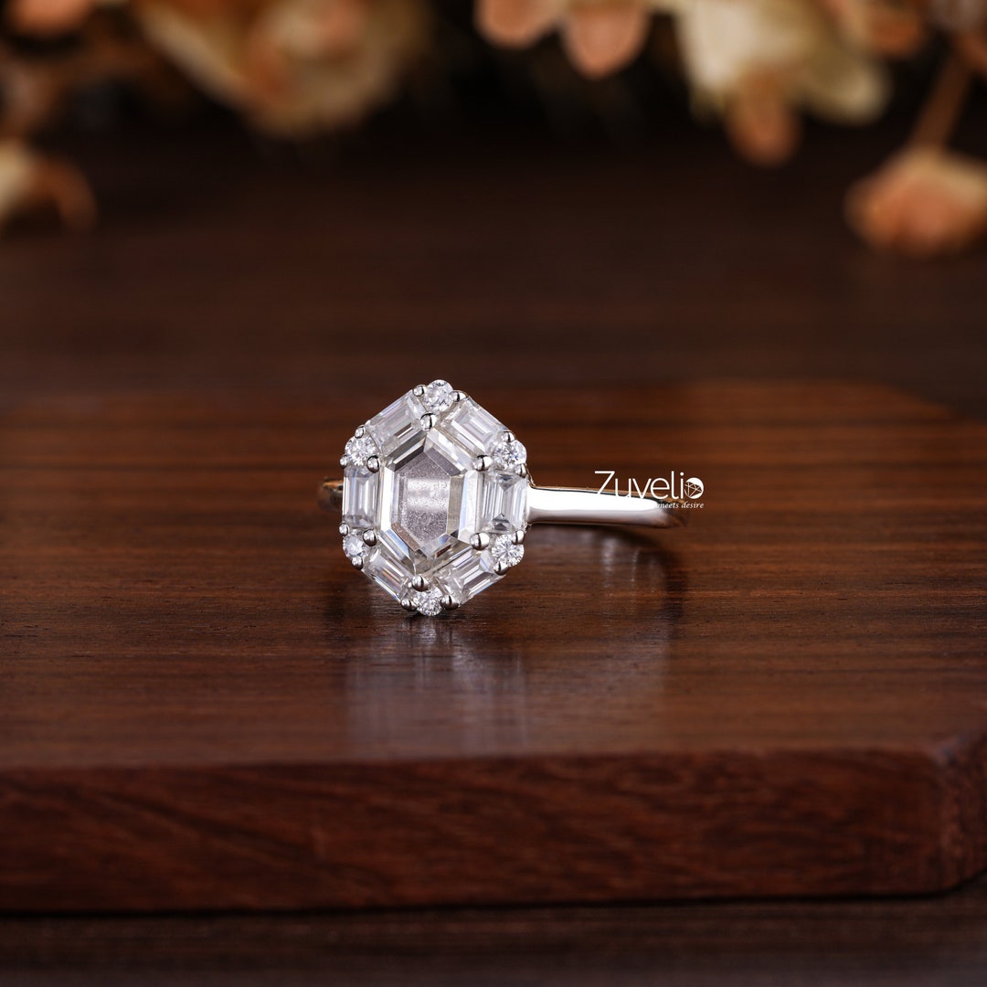 Portrait Cut Hexagon Shape Moissanite Anniversary Ring, Baguette Cut ...