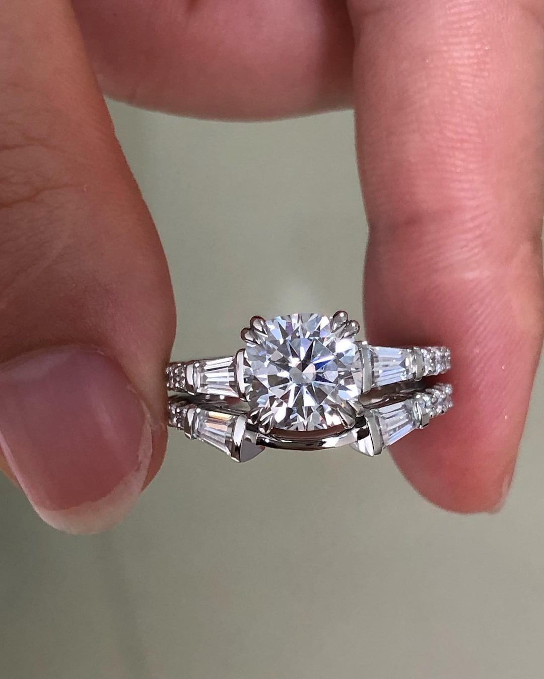 Unique Vintage Style White Gold Ring Set Elongated Wedding - Etsy