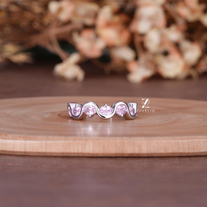 Oval Pink Lab Sapphire Band – Modern Wavy Prong Design in White Gold - Etsy