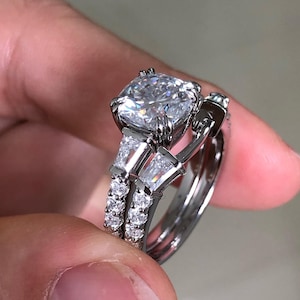 Unique Vintage Style White Gold Ring Set Elongated Wedding - Etsy