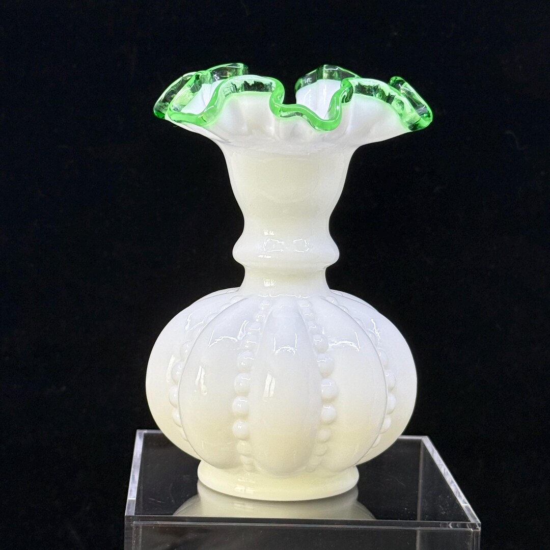 Fenton Green Emerald Crest Beaded Melon Vase Ruffles Rim 6” Tall - Etsy