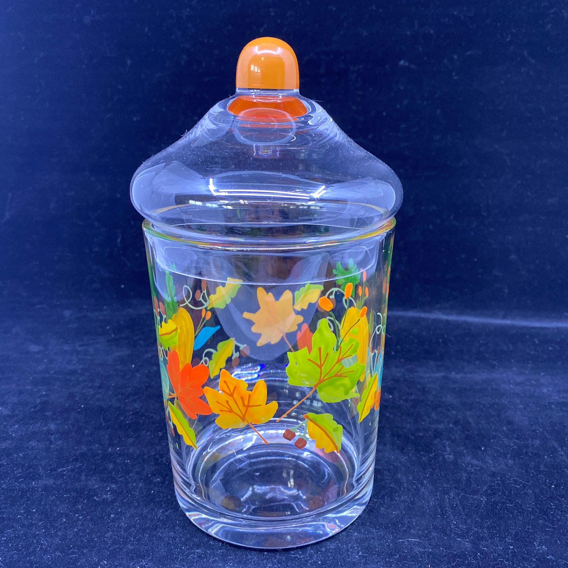 Glass Canister With Lid Hand Painted Fall Pumpkins & Autumn Leaves 7.5 ...