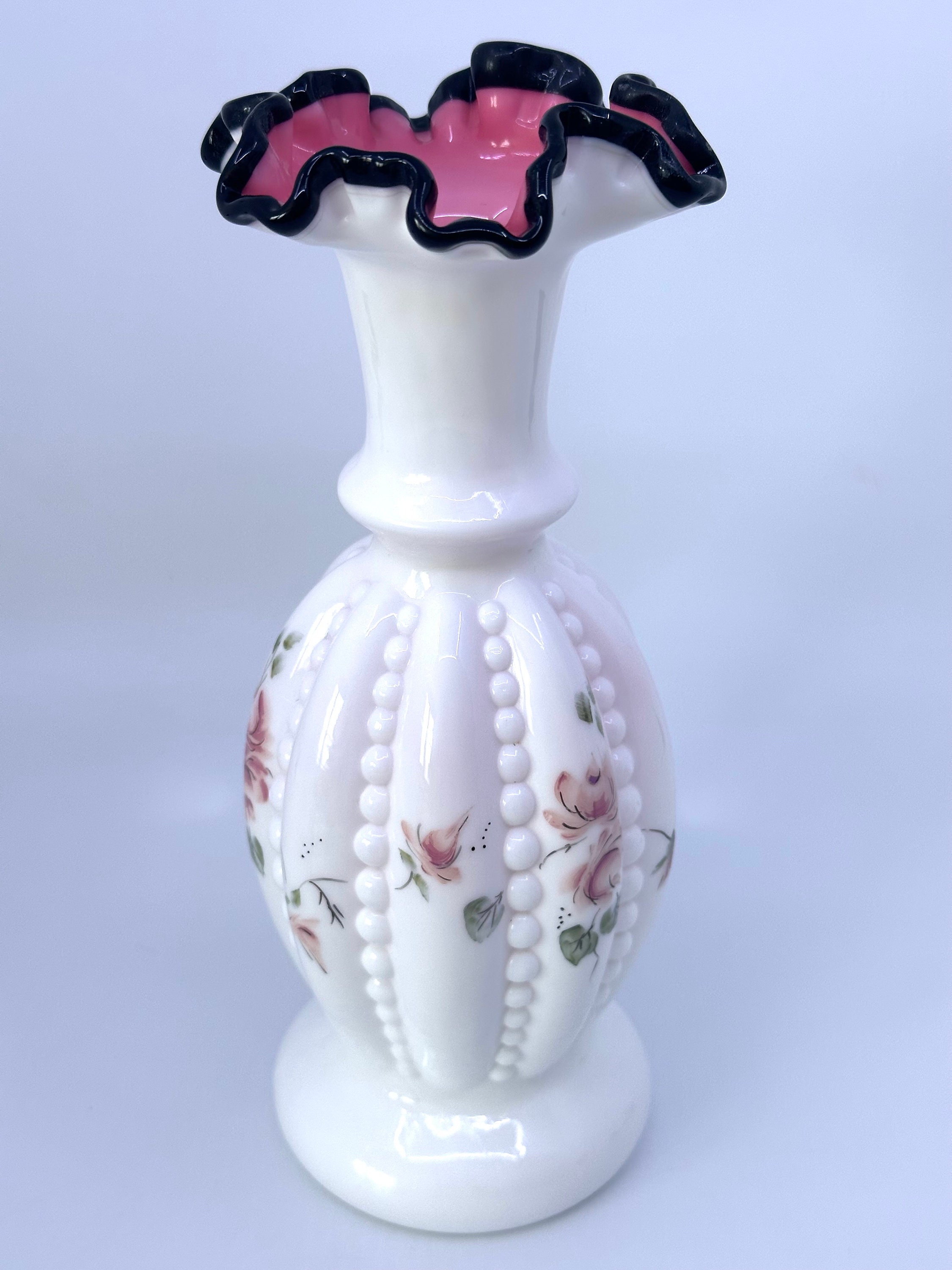 Fenton Black Rose Crest Milk Glass Beaded Melon Vase With Hand Painted ...