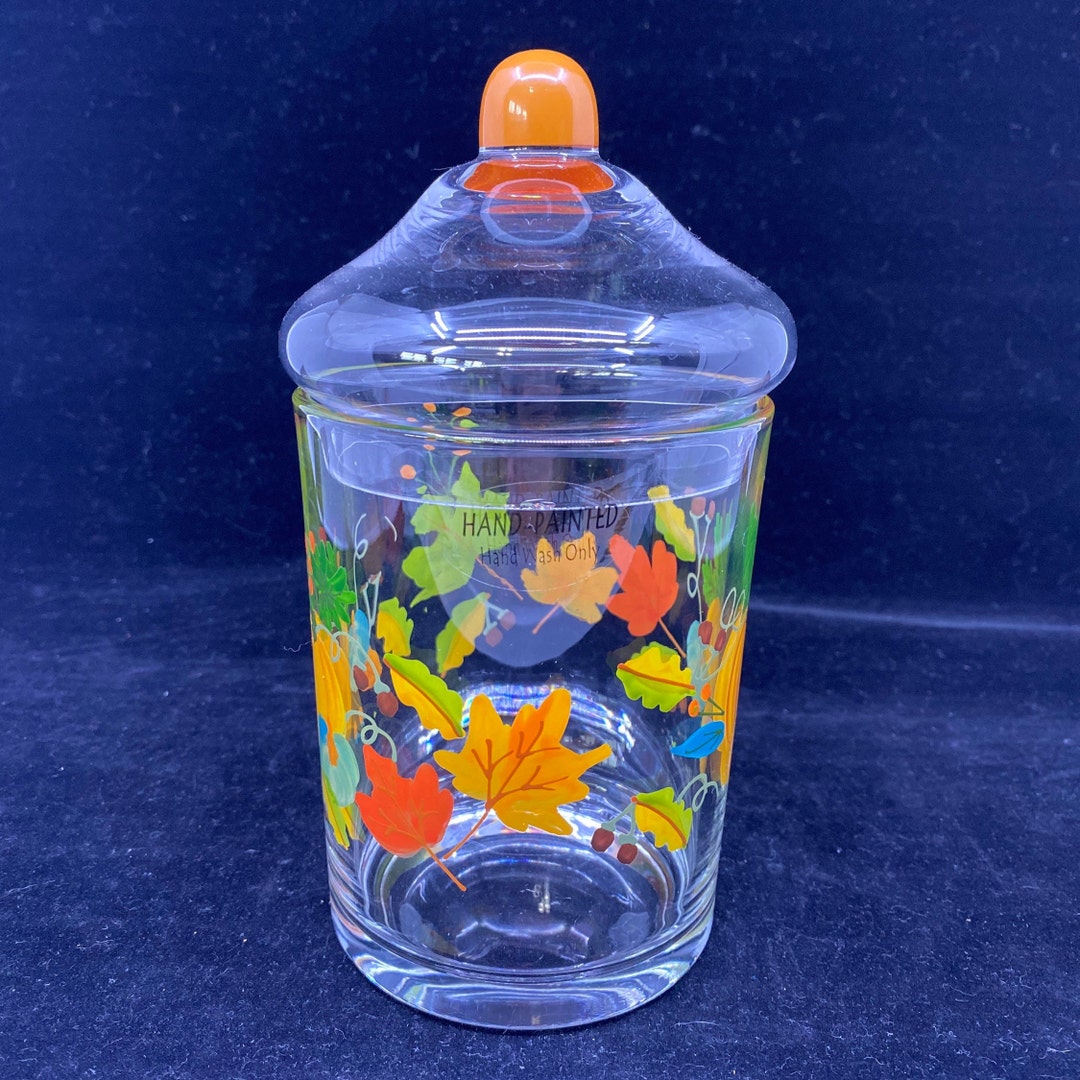 Glass Canister With Lid Hand Painted Fall Pumpkins & Autumn Leaves 7.5 ...