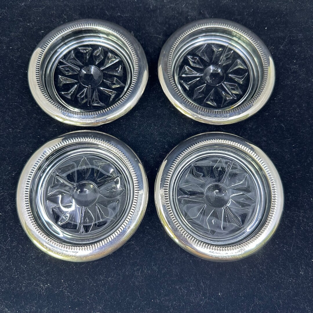 4 Vintage Primrose Plate Glass Cocktail Coasters Silver Plated Made in ...