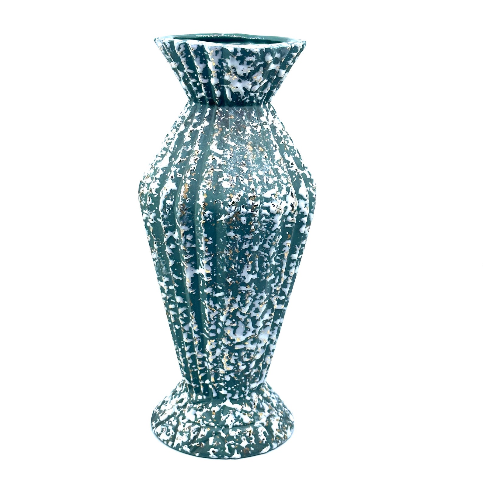 Vintage MCM Savoy Deena Vertical Ribbed Gold White on Green 12" Vase - Etsy