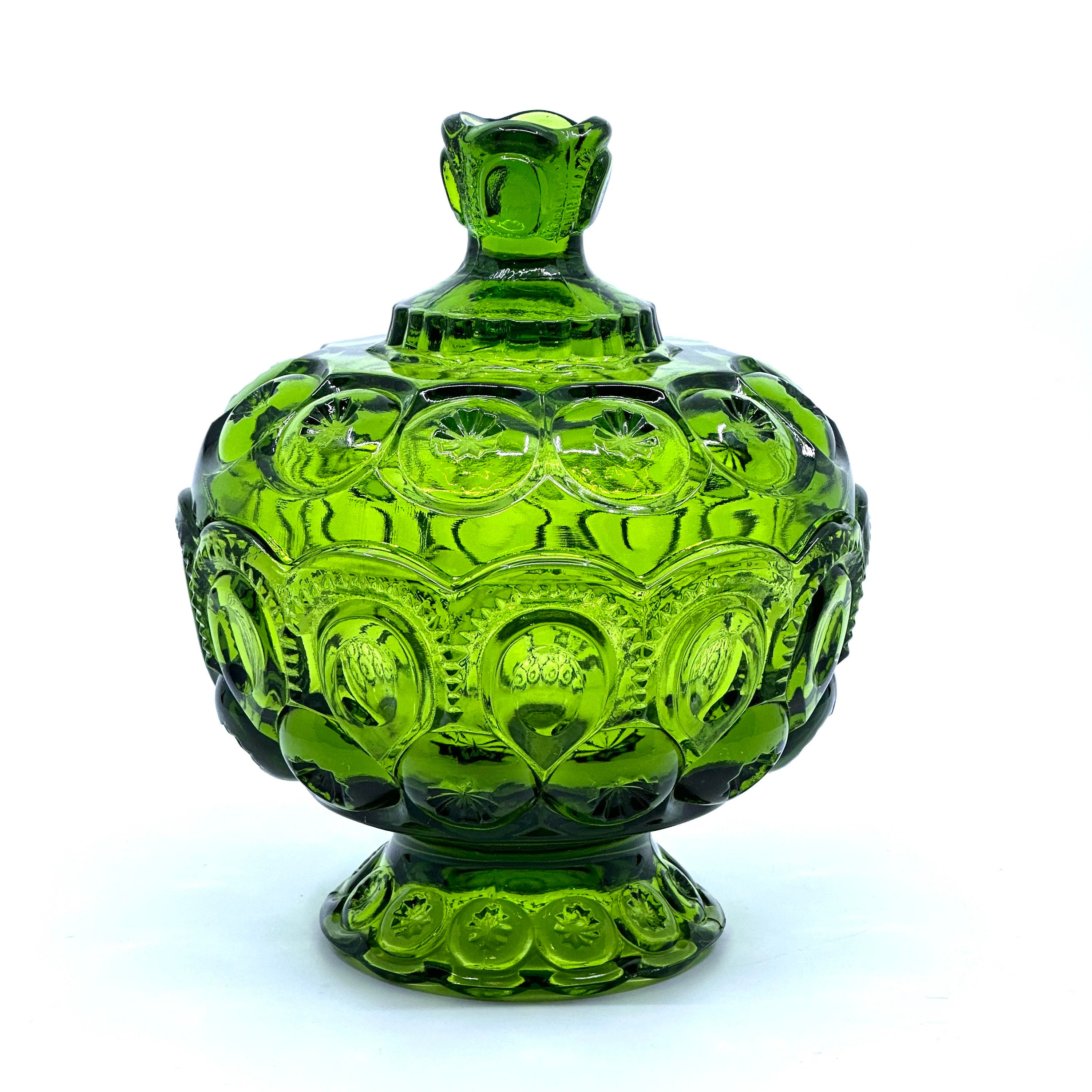 Vintage L.E. Smith Green Moon and Stars Glass Covered Compote - Etsy