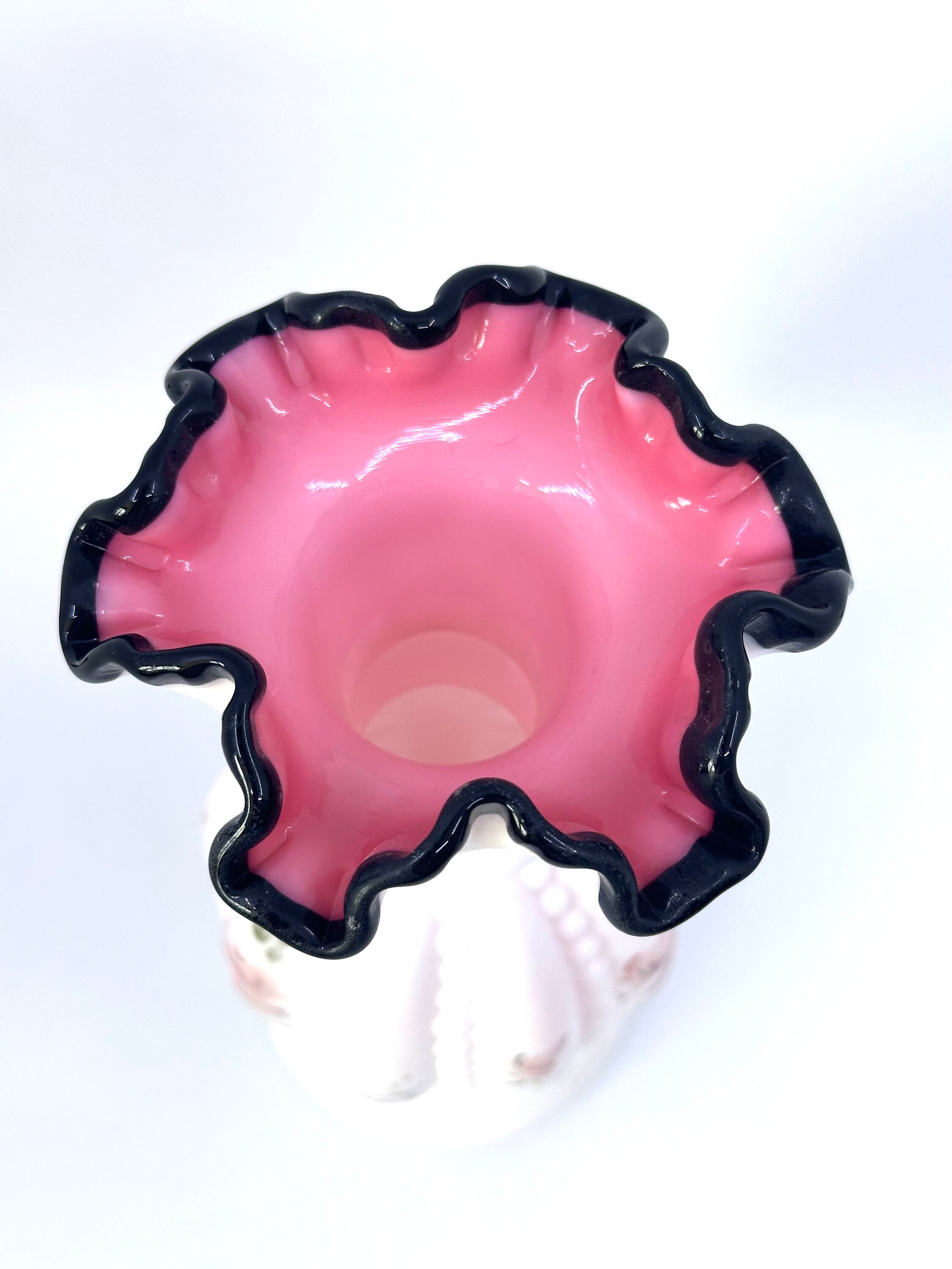 Fenton Black Rose Crest Milk Glass Beaded Melon Vase With Hand Painted ...