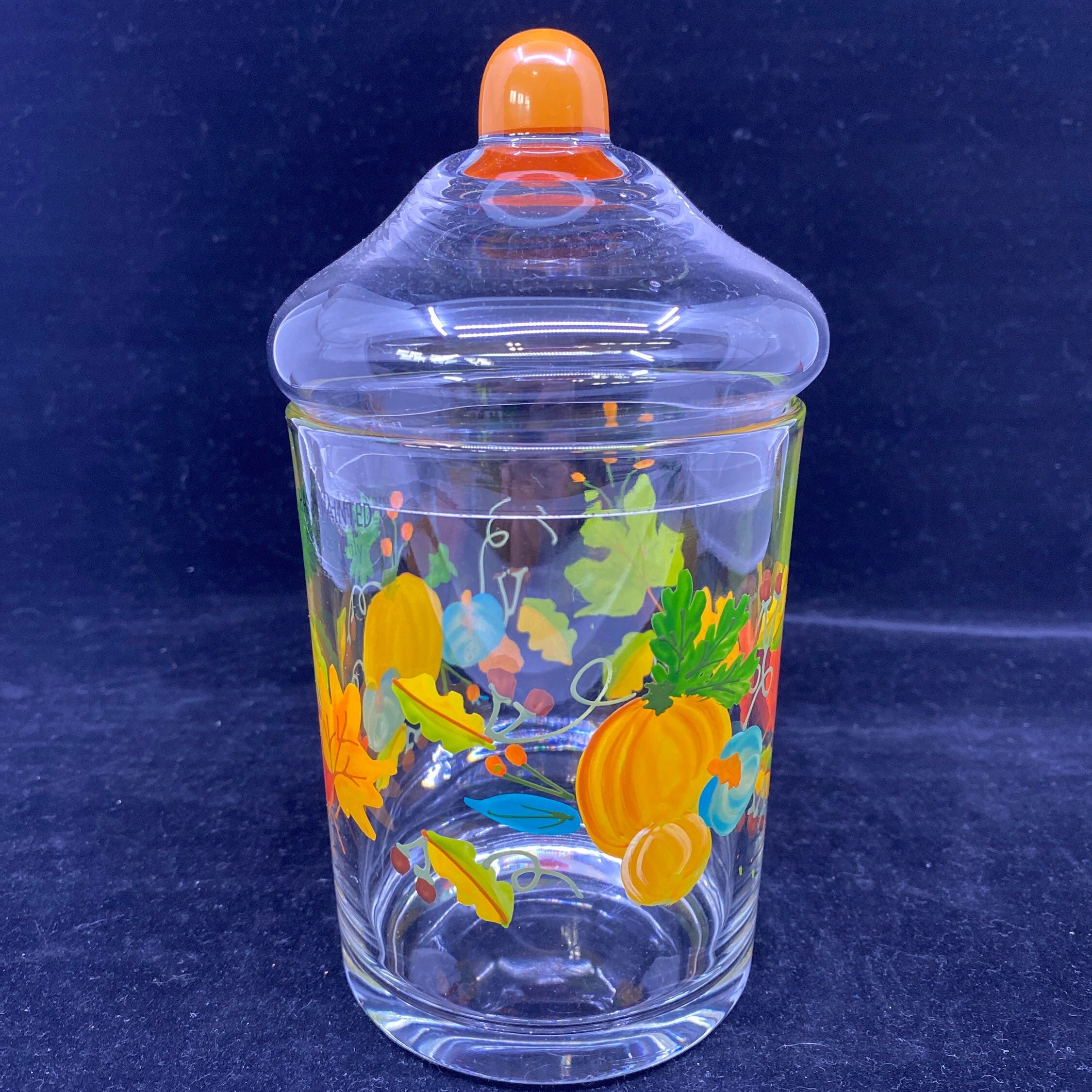 Glass Canister With Lid Hand Painted Fall Pumpkins & Autumn Leaves 7.5 ...