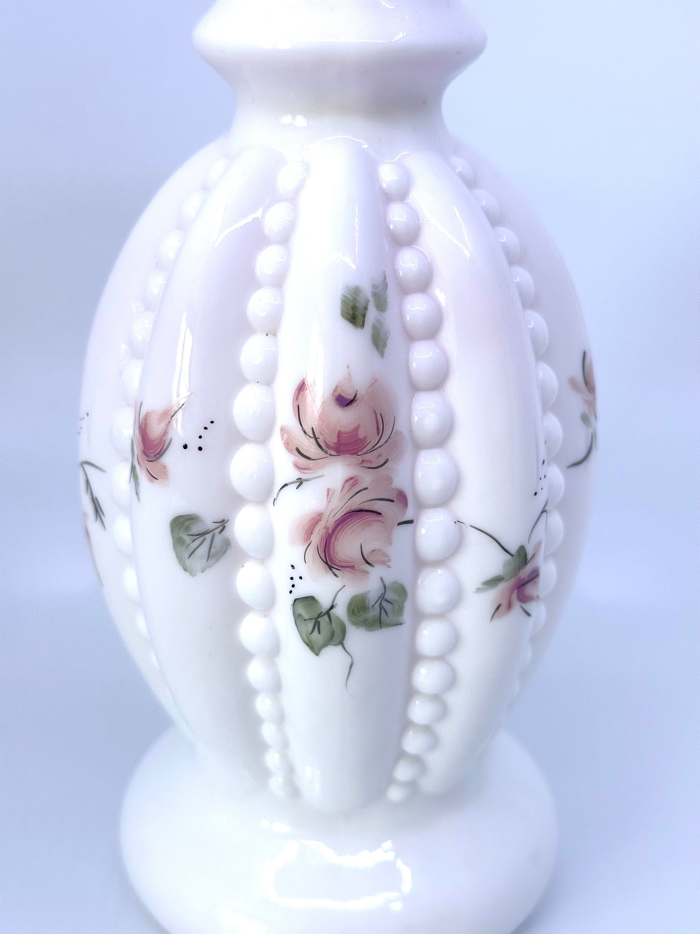 Fenton Black Rose Crest Milk Glass Beaded Melon Vase With Hand Painted ...