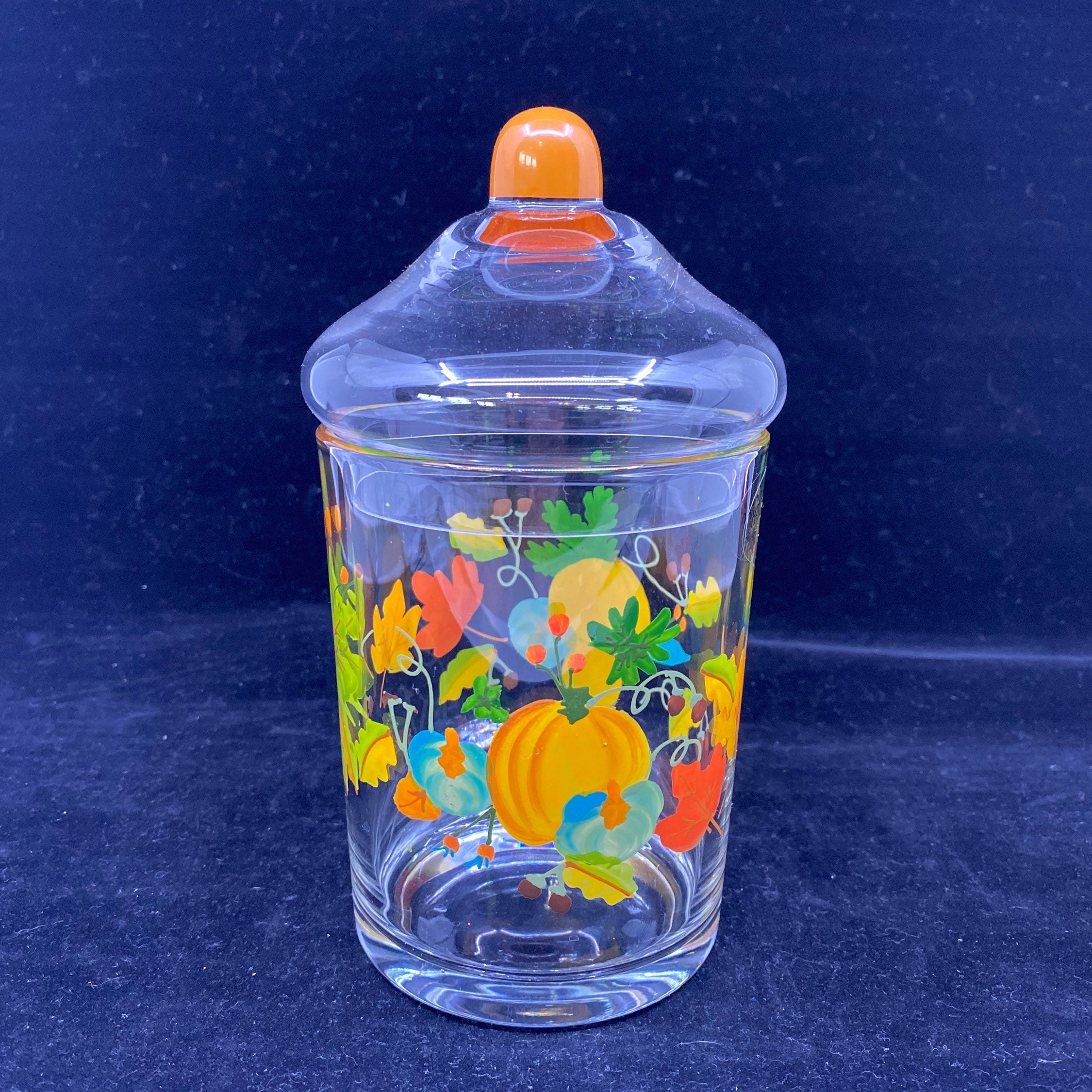 Glass Canister With Lid Hand Painted Fall Pumpkins & Autumn Leaves 7.5 ...