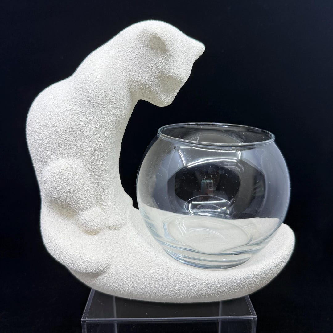 Haeger Pottery Cat Sculpture Fish Bowl Textured Matte Ivory MCM - Etsy