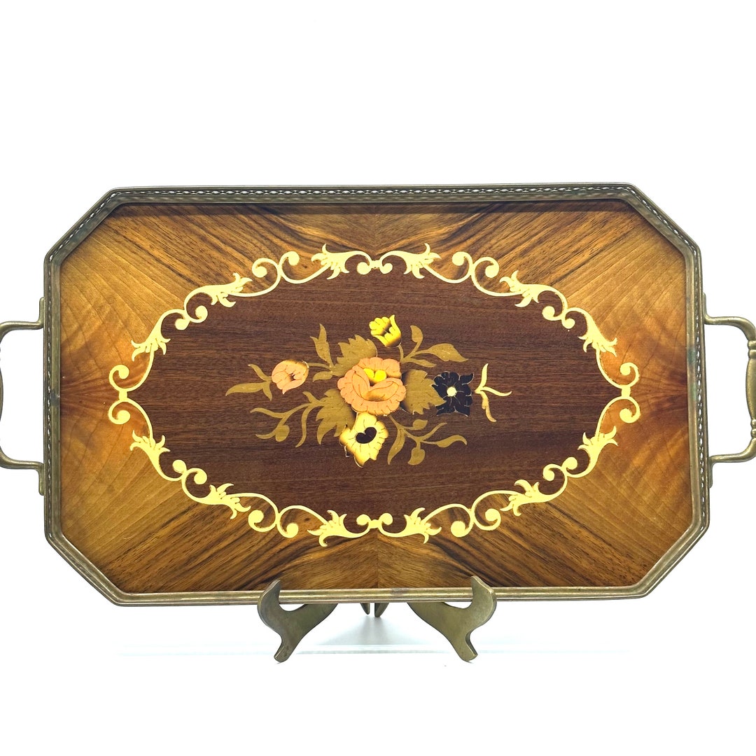 Vintage Inlaid Wood Serving Tray With Brass Trim W Handles Italy Birks ...