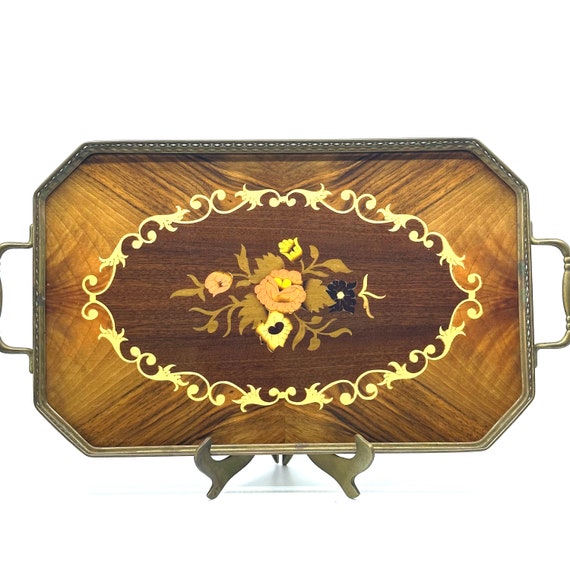 Inlaid Wood Tray Hand Crafted Teak Inlay Serving Tray With Stunning