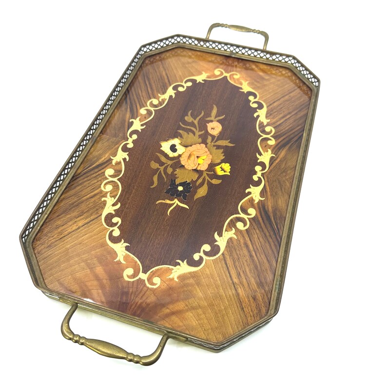 Vintage Inlaid Wood Serving Tray With Brass Trim W Handles Italy Birks ...